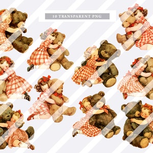 Little Girl With Teddy Bear Clipart Bundle, Transparent PNG, Vintage ...