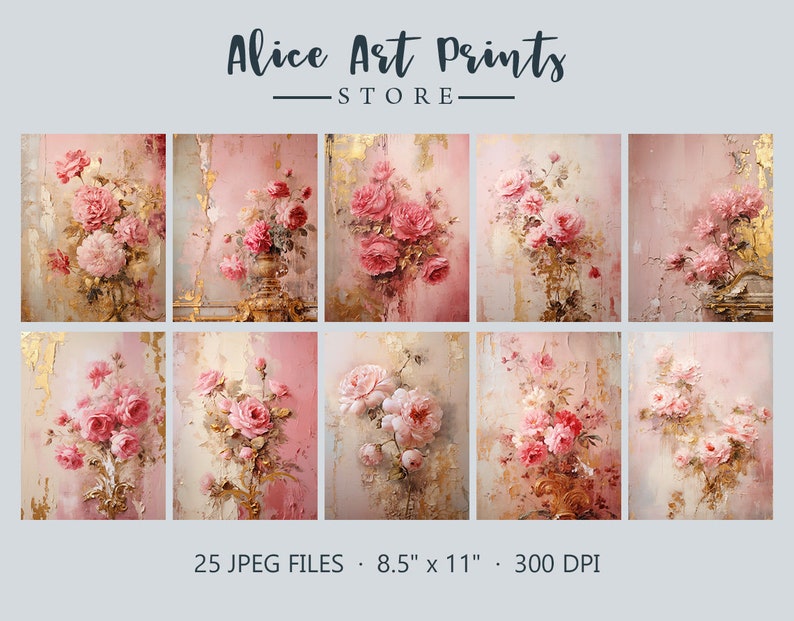 Tattered Pink & Gold Wall Printable, 25 Pink Printable Junk Journal ...