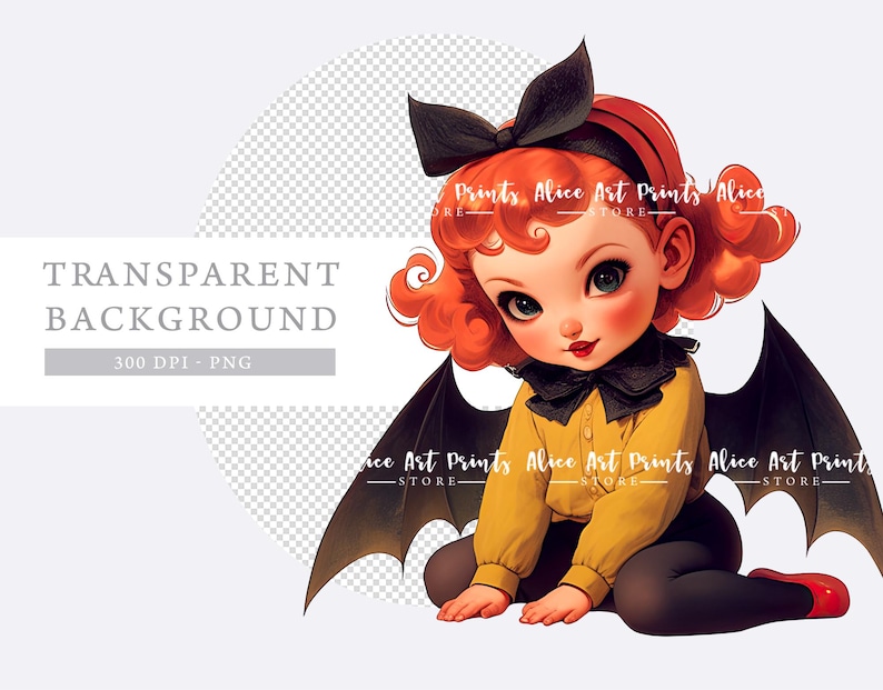 Retro Baby Batgirl Clipart Set, 20 Vintage Halloween Dolls PNG Clipart ...