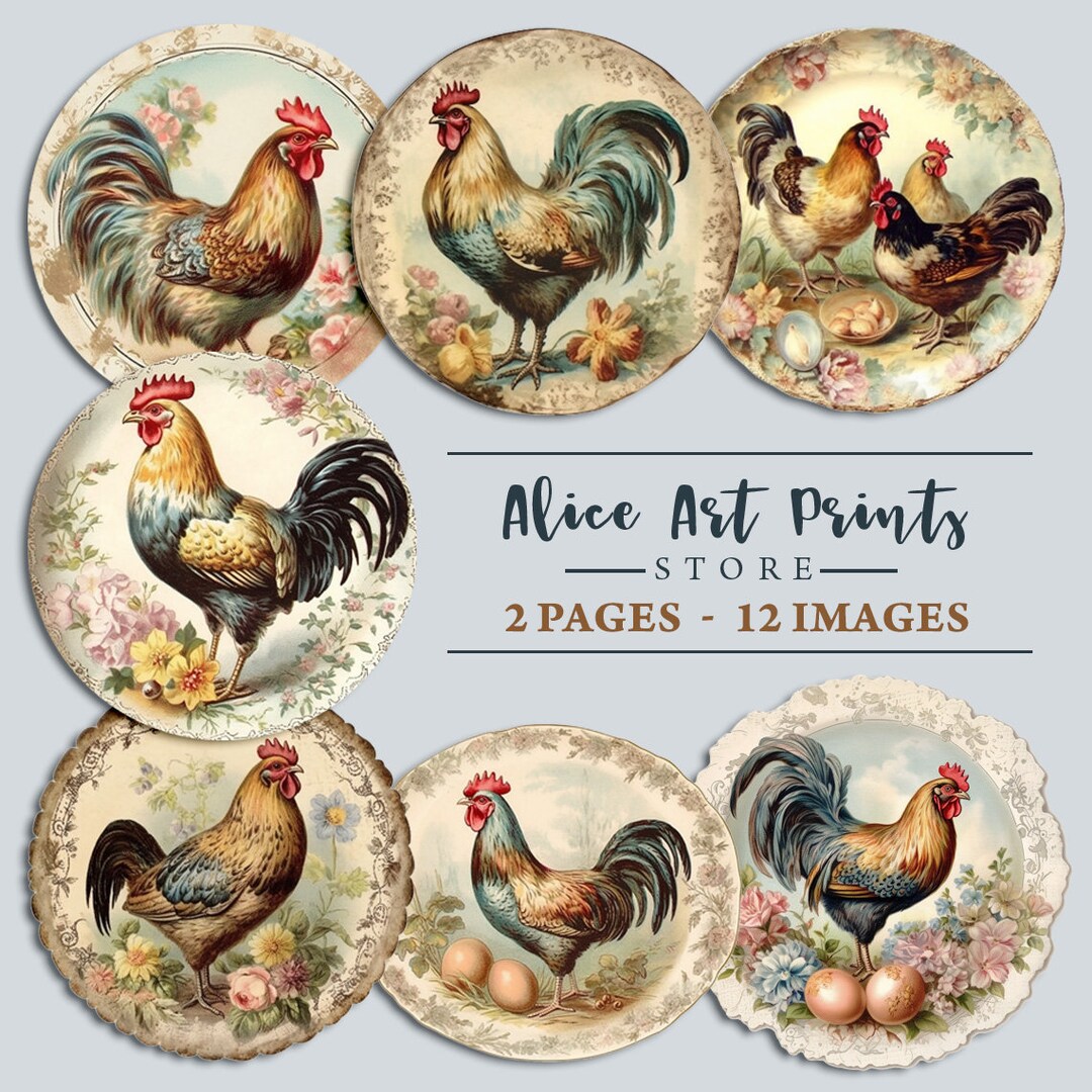 Vintage Farmhouse Stickers, Rooster and Peonies Fussy Cut, Shabby Chic ...