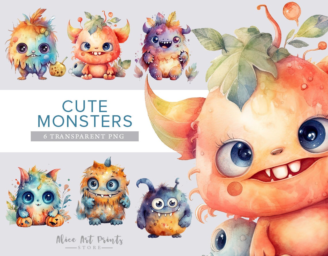 Cute Monster Watercolor Clipart Adorable Baby Monster PNG - Etsy