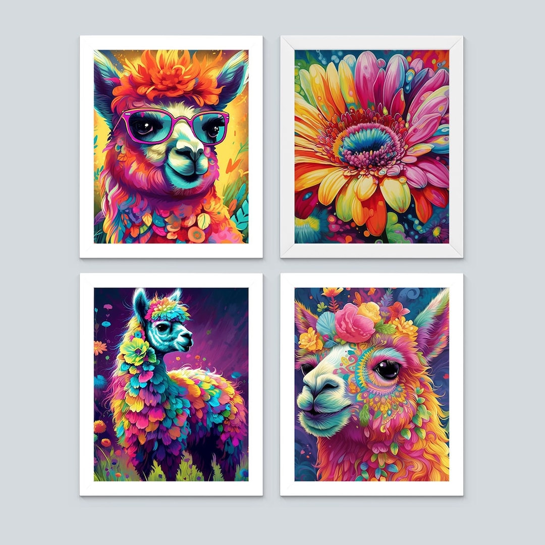 Colorful Lama Wall Art Set of 4, Lisa Frank Style, Rainbow Lama Art ...