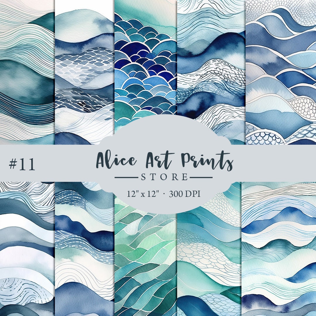 Ocean Watercolour Digital Paper, Sea Themed Abstract Wave Backgrounds ...