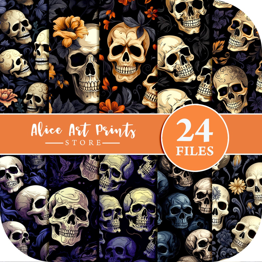 Skulls Digital Papers, Skull Seamless Patterns, Printable Scrapbook ...