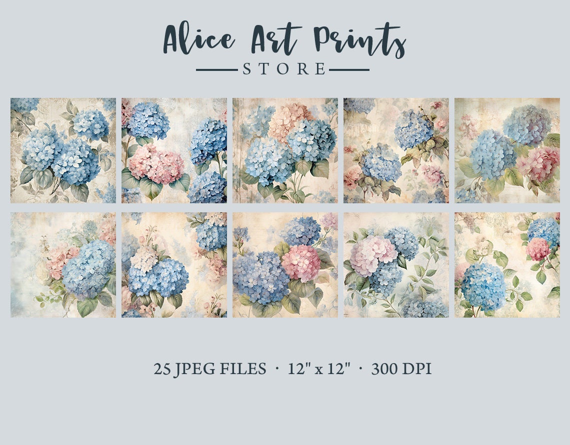 Blue and Pink Hydrangea Digital Paper, Vintage Ephemera, Printable ...