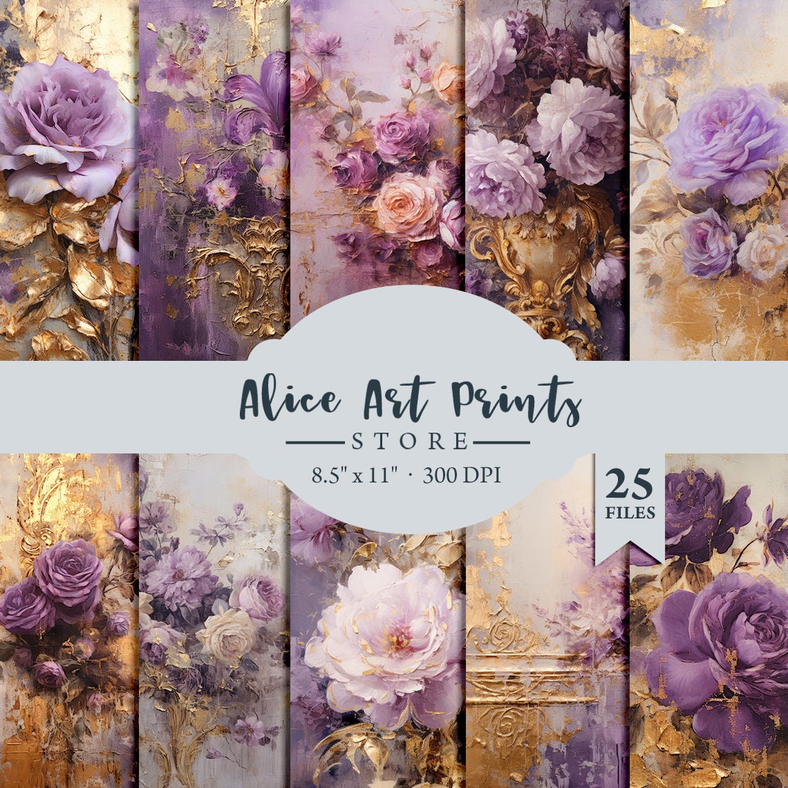 Tattered Purple & Gold Wall Printable, 25 Pink Printable Junk Journal ...