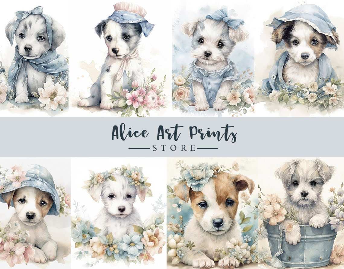Cute Puppy Watercolor Clipart Cute Retro Puppy Wall Art - Etsy