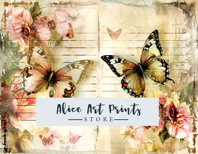 Victorian Shabby Chic Butterflies Junk Journal Pages, Antique Shabby ...