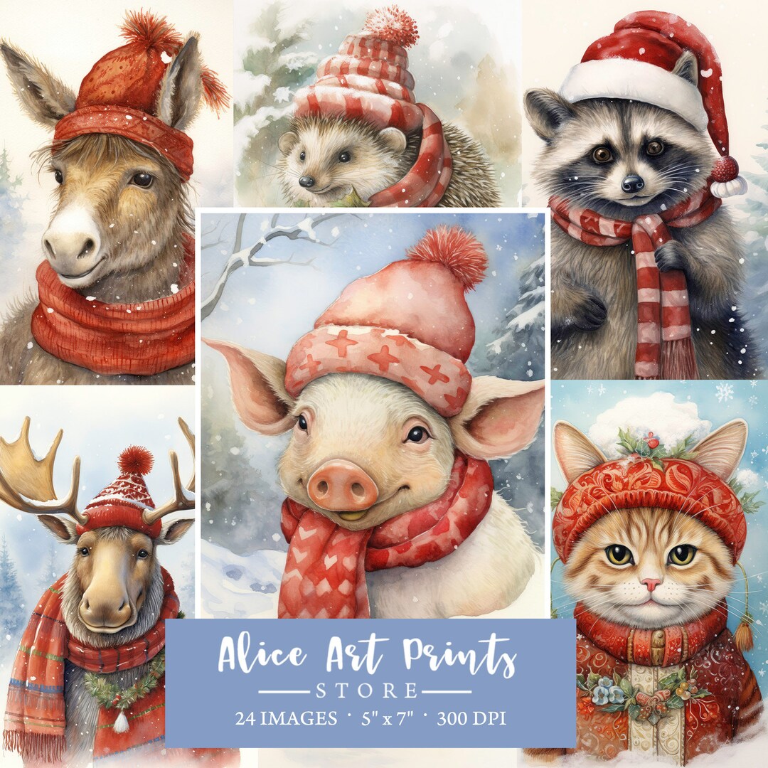 Winter Animals Journaling Cards, Vintage Christmas Animals Watercolor ...
