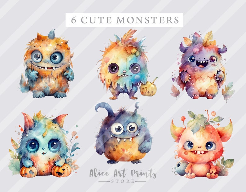 Cute Monster Watercolor Clipart Adorable Baby Monster PNG - Etsy
