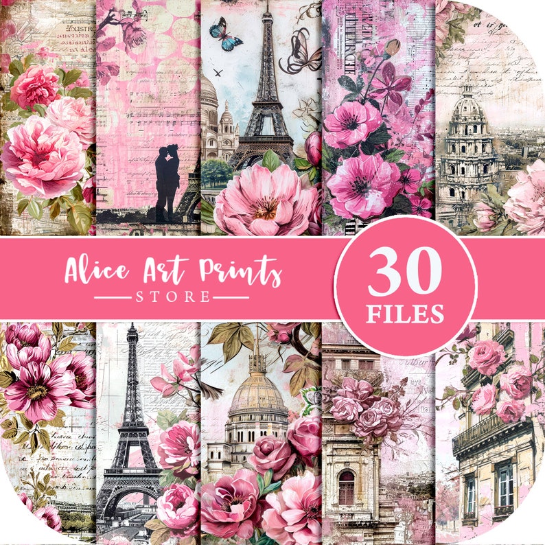 Vintage Paris Digital Papers Pack, Paris Backgrounds, French ...
