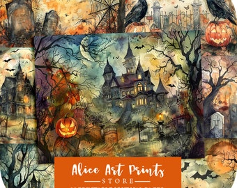 Printable Halloween Landscape Digital Paper, Watercolor Halloween ...