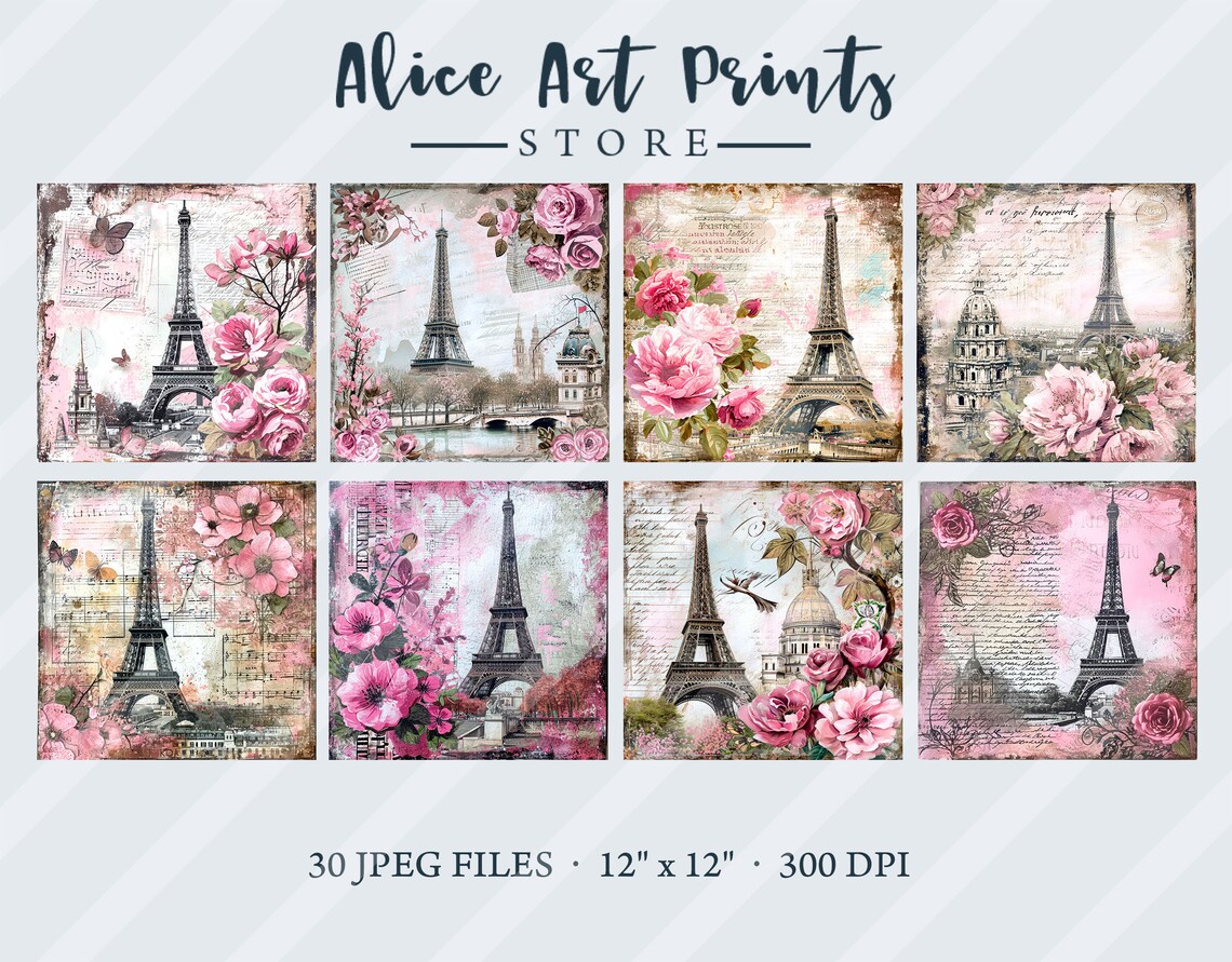 Vintage Paris Digital Papers Pack, Paris Backgrounds, French ...