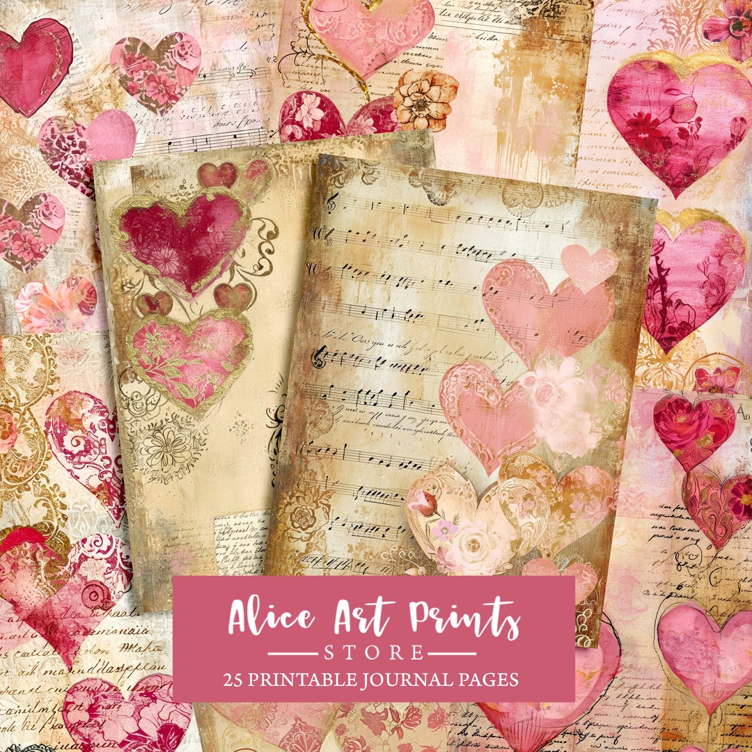 Hearts Junk Journal Pages, Stamped Watercolor Valentine's Day Digital ...