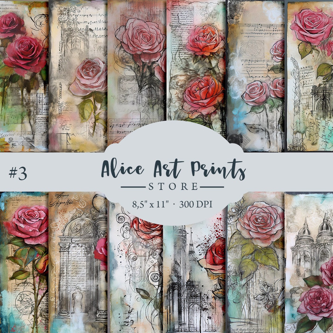 Grunge Journal Papers With Roses, Watercolor Journal Pages, Junk ...