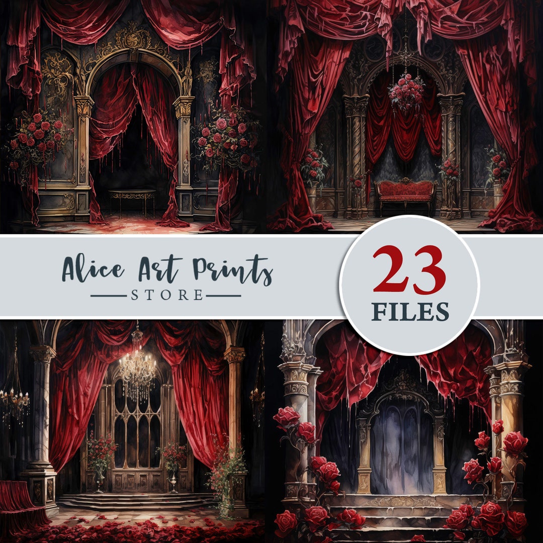 Gothic Theater Stage Watercolor Illustration Set, Vintage Gothic ...