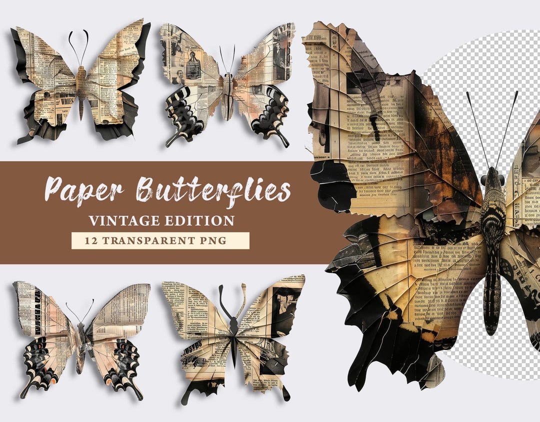 Vintage Paper Butterflies PNG Clipart Bundle, Retro Butterfly From ...