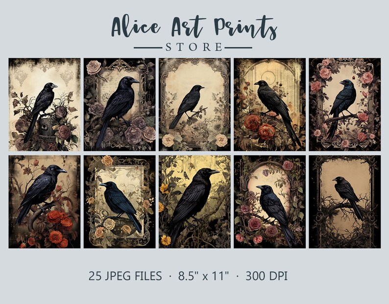 Vintage Dark Raven and Skull Background, Junk Journal Pages, Gothic ...