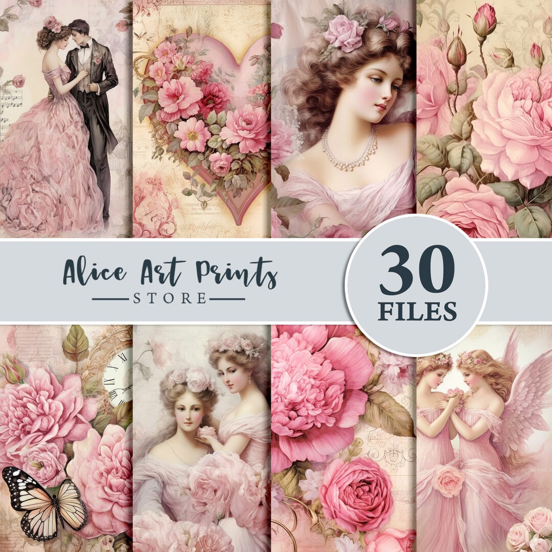 Shabby Chic Romantic Junk Journal Papers, Vintage Pink Roses Junk ...