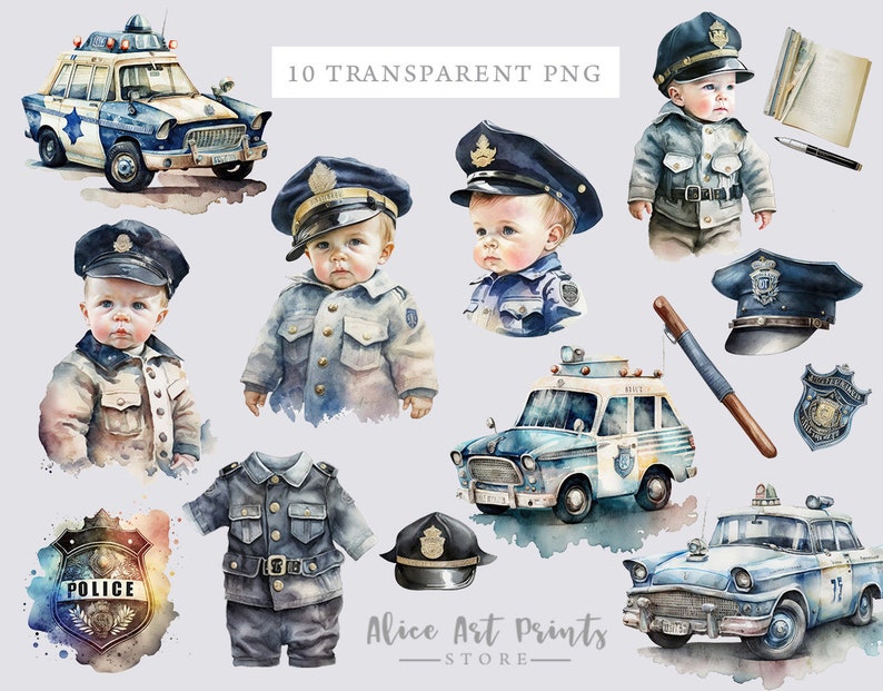 Watercolor Police Clipart, Police Car PNG, Kids Policeman Clip Art ...
