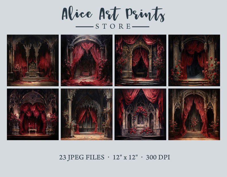 Gothic Theater Stage Watercolor Illustration Set, Vintage Gothic ...