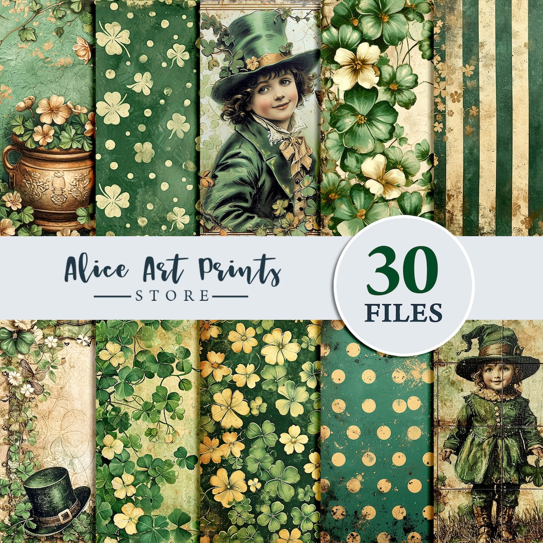 Printable Vintage St Patricks Digital Paper Set, 30 Four Leaf Clover ...