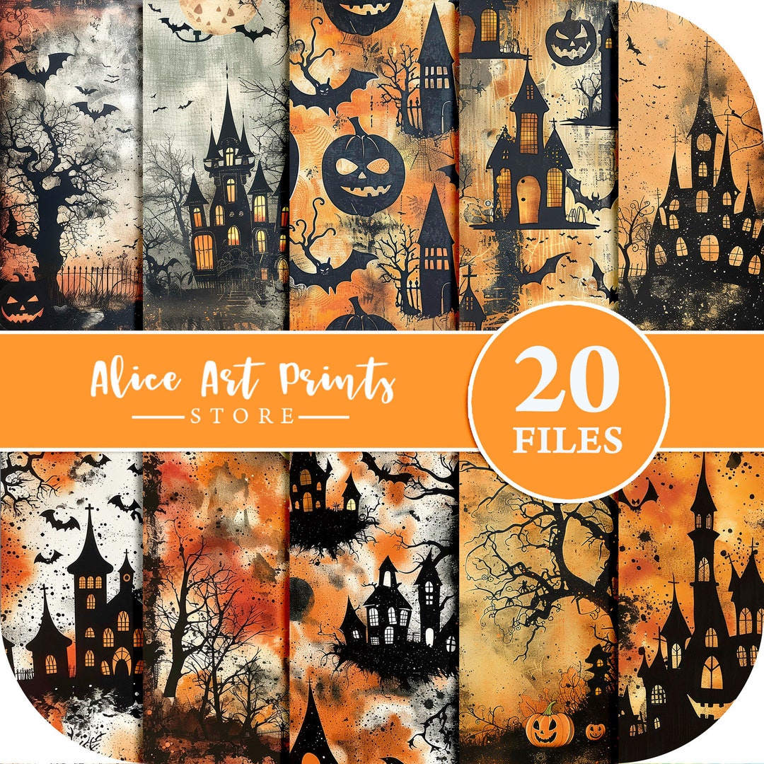Printable Vintage Halloween Digital Paper, Watercolor Halloween Scenes ...