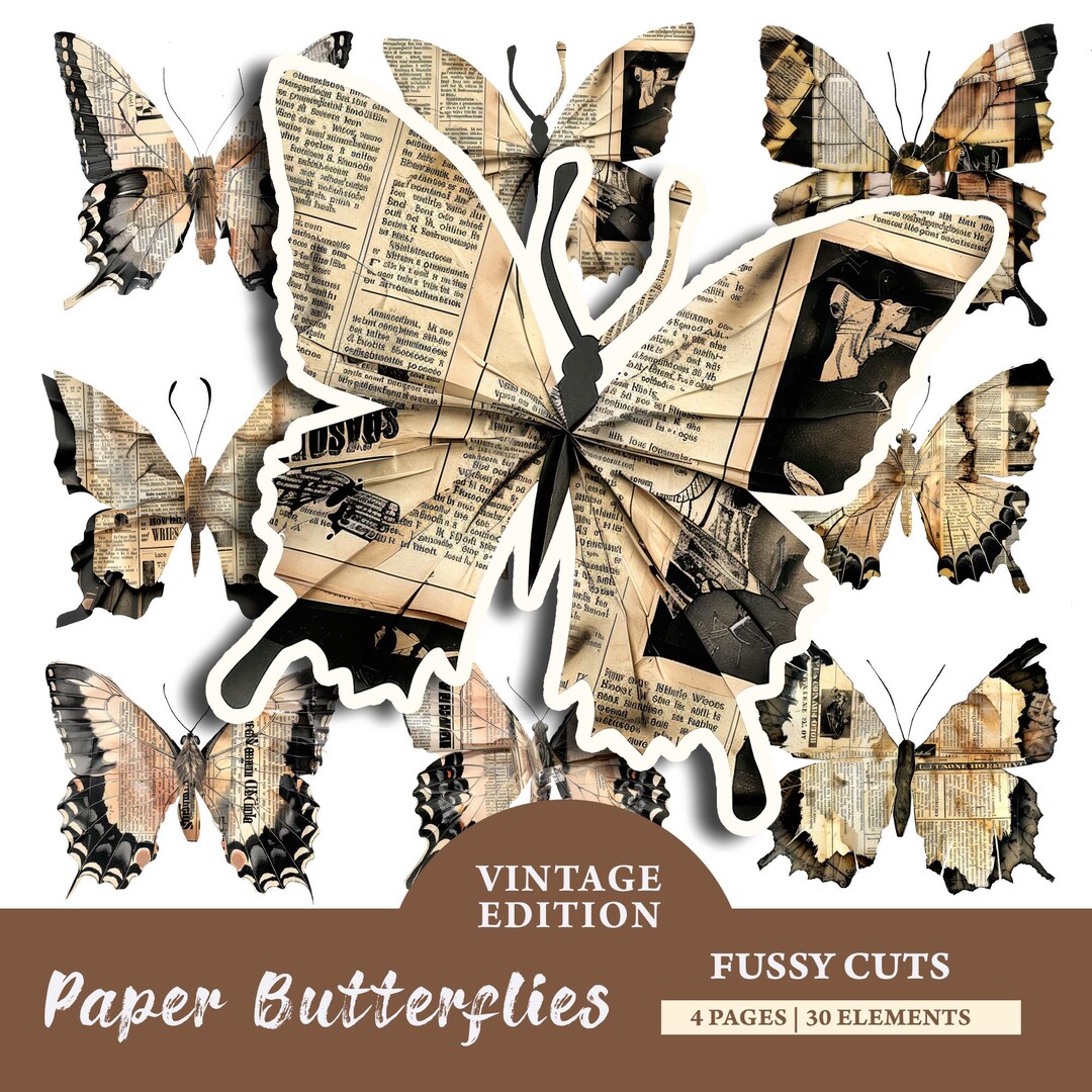 Vintage Paper Butterflies Fussy Cuts, Butterfly From Vintage Newspaper ...
