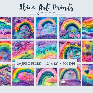 Rainbow Hearts Clouds Digital Paper, Rainbow Felt Art Seamless Pattern ...