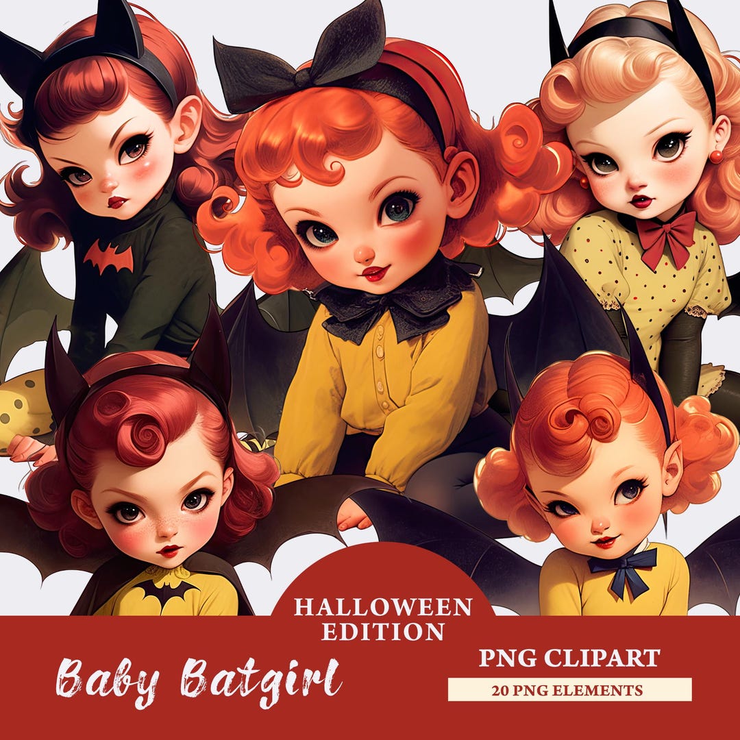 Retro Baby Batgirl Clipart Set, 20 Vintage Halloween Dolls PNG Clipart ...