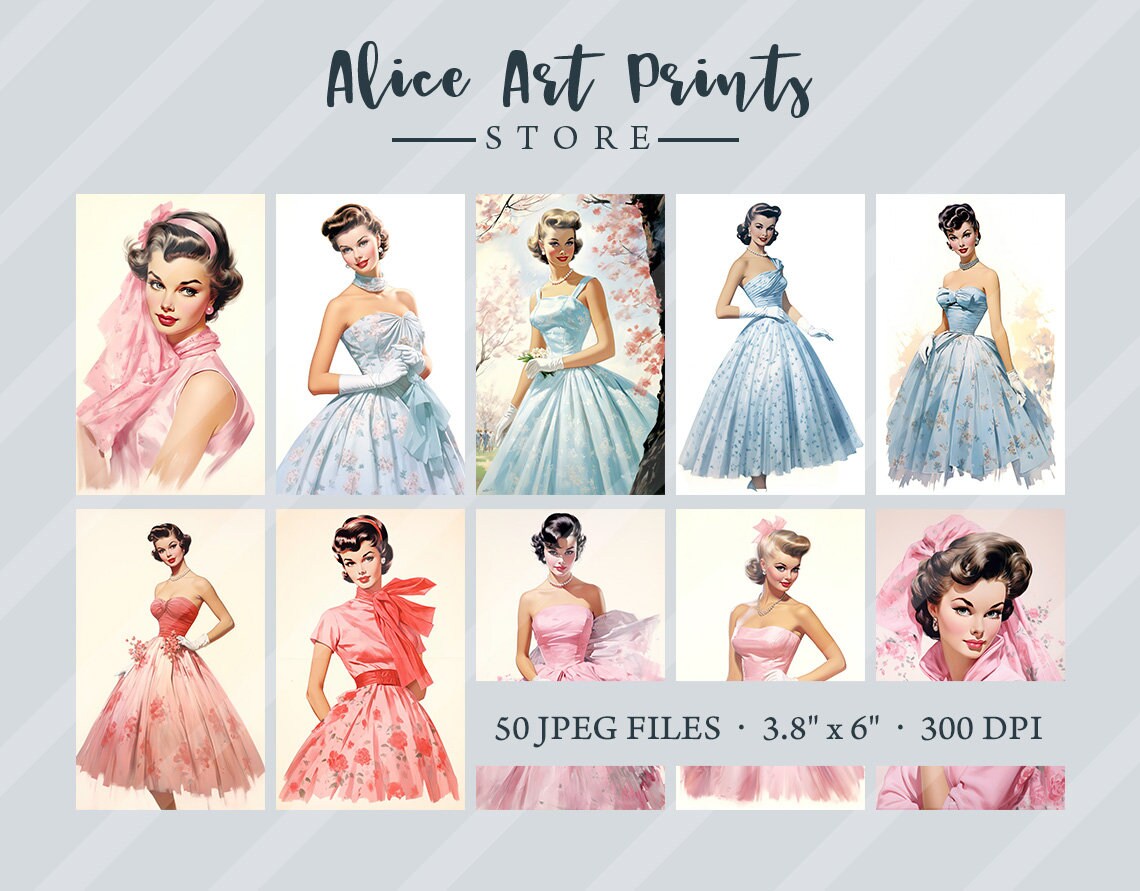 Vintage Fashion Journal Cards, Retro Outfits Collage Sheet, Printable ...
