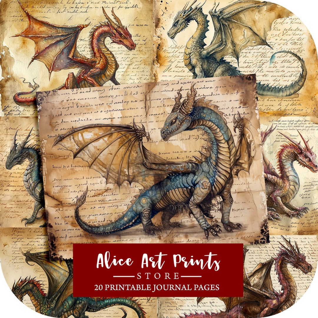 Dragon Junk Journal Pages, Fantasy Dragons Scrapbooking Digital Paper ...