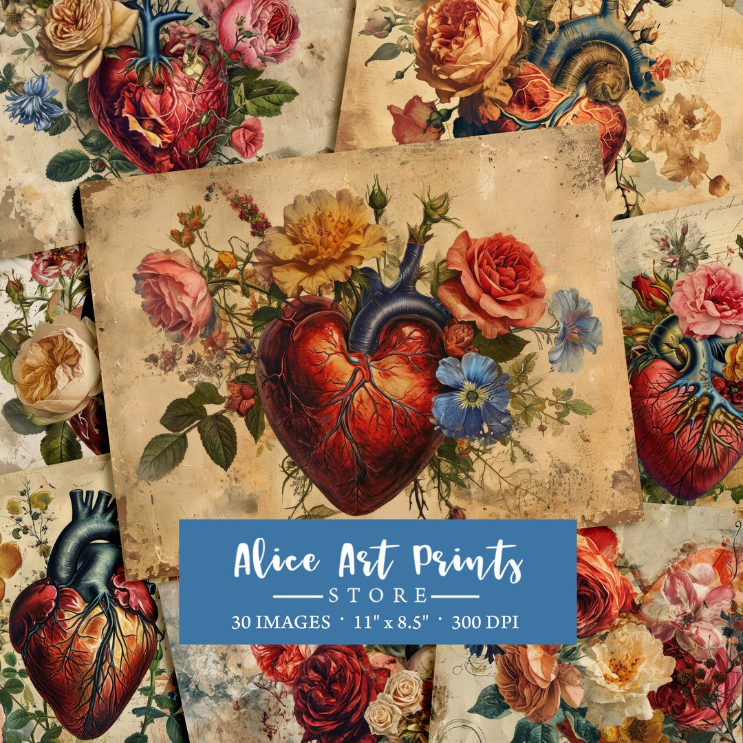 Vintage Hearts and Flowers Digital Paper for Scrapbooking, Love Letter ...