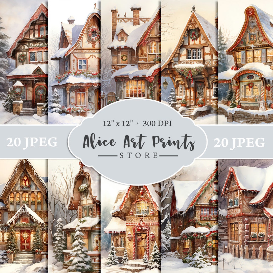 Watercolor Christmas Gingerbread House Paper, Winter Holidays Papers ...