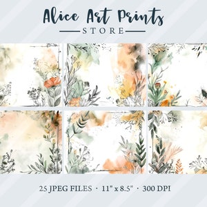 Watercolor Botanical Junk Journal Pages, Boho Digital Scrapbook Paper ...