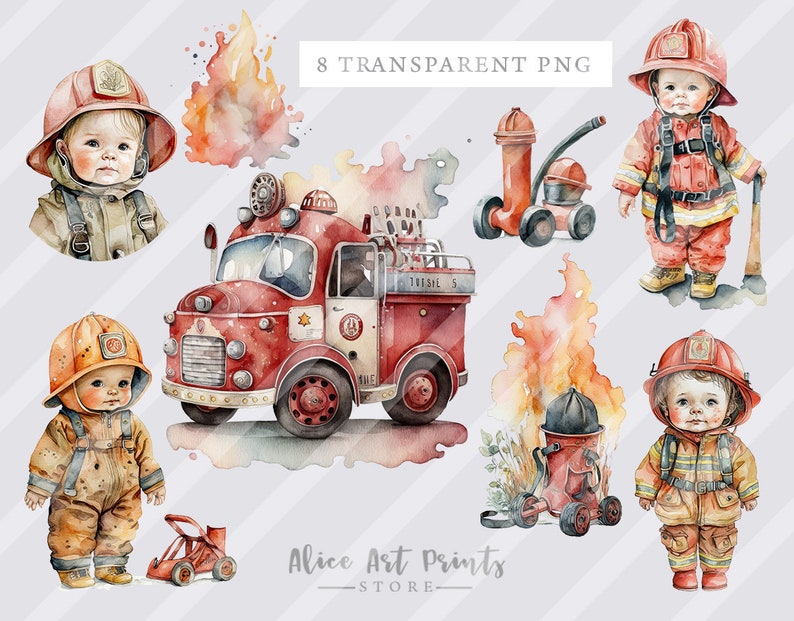 Watercolor Firefighter Clipart Firetruck PNG Kids Fireman - Etsy