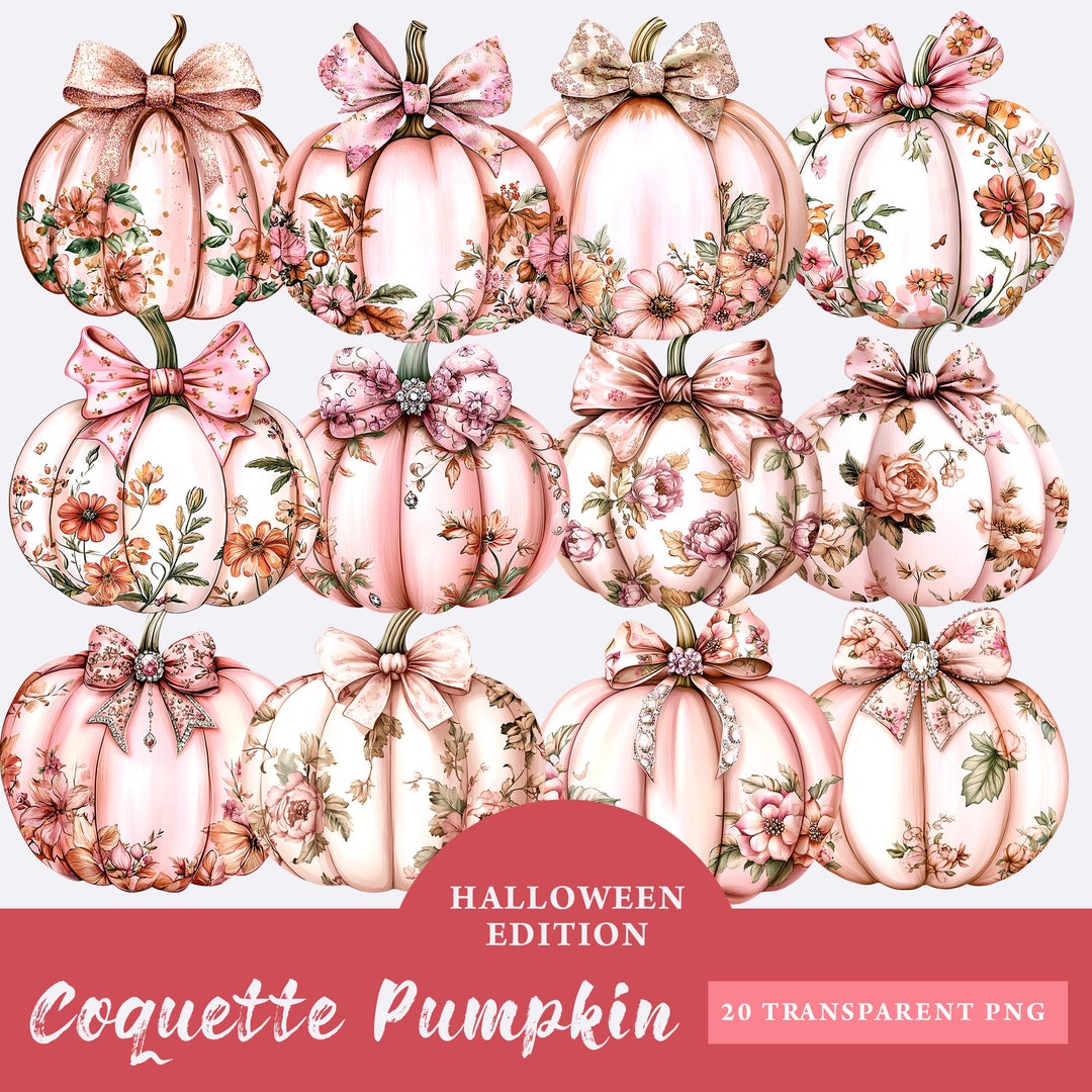 Pink Floral Pumpkin With Coquette Bow & Diamonds Clipart Bundle, Cute ...