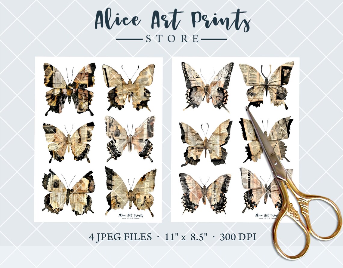 Vintage Paper Butterflies Fussy Cuts, Butterfly From Vintage Newspaper ...