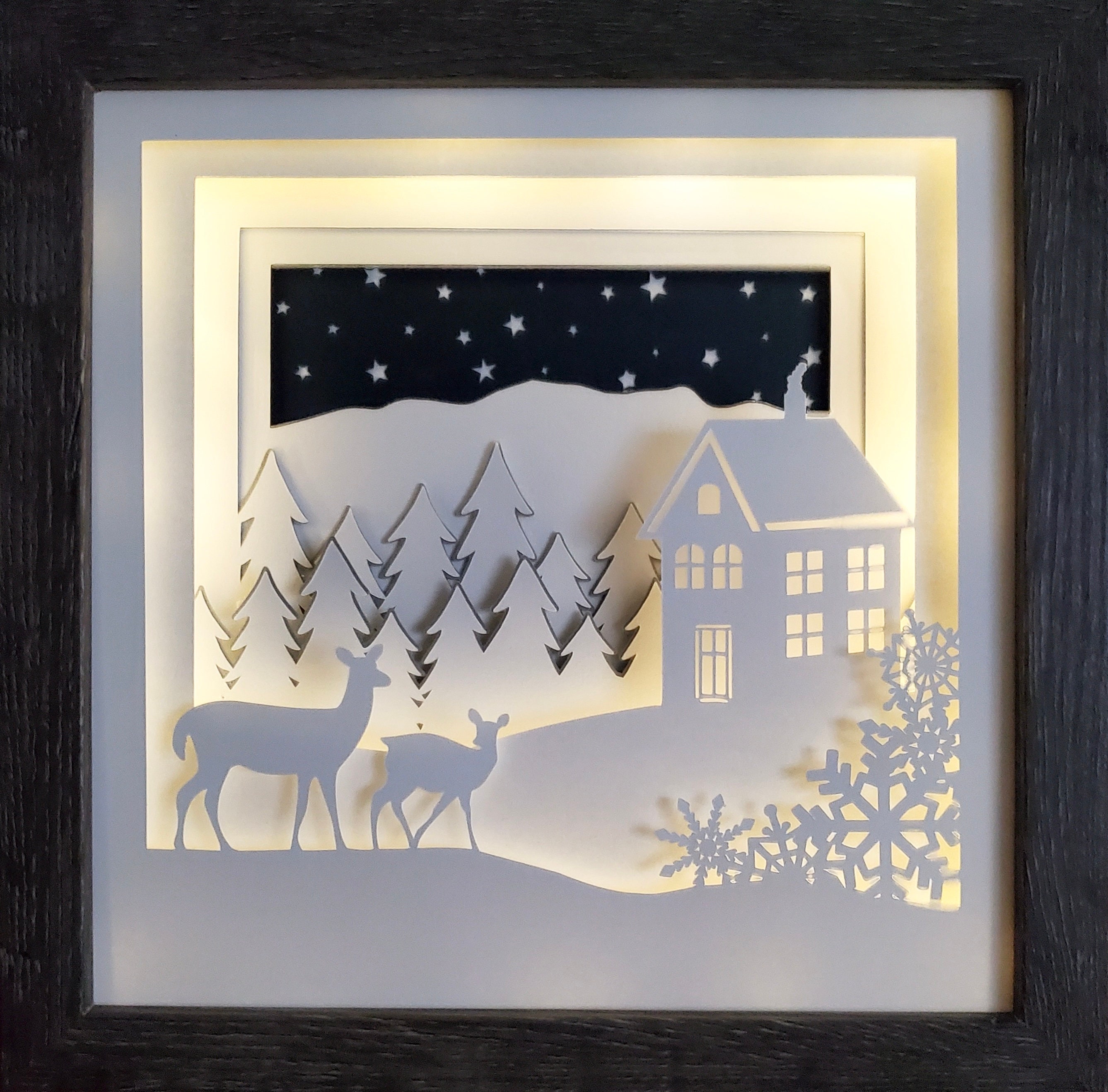 Christmas Shadow Box Papercut Lighted Winter Scene 3D Cozy - Etsy