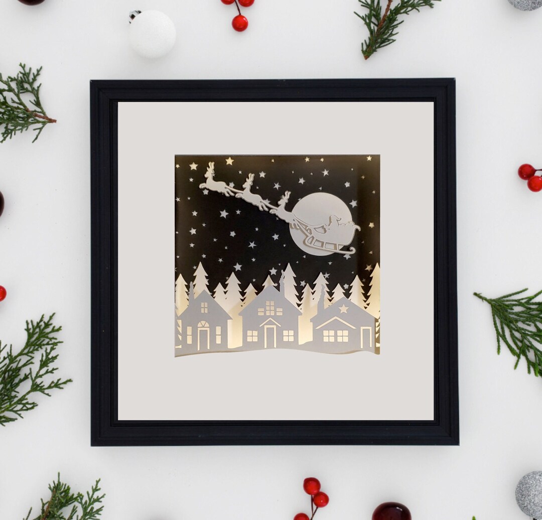Christmas Shadow Box Lighted 3D Winter Scene Artwork Town Santa Clause ...