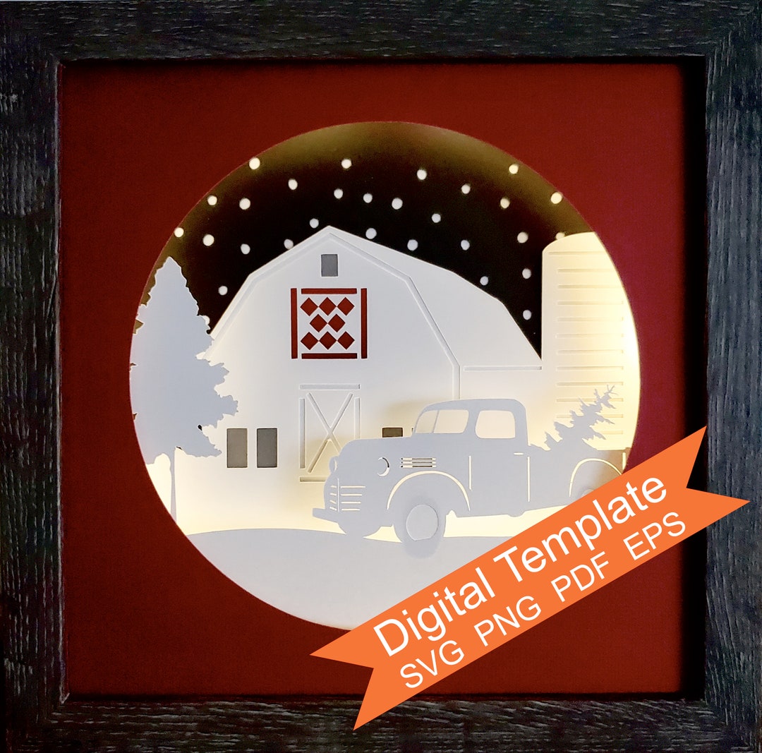 Christmas Shadow Box Farm 3D Art Layered Papercut Vintage Truck Barn ...