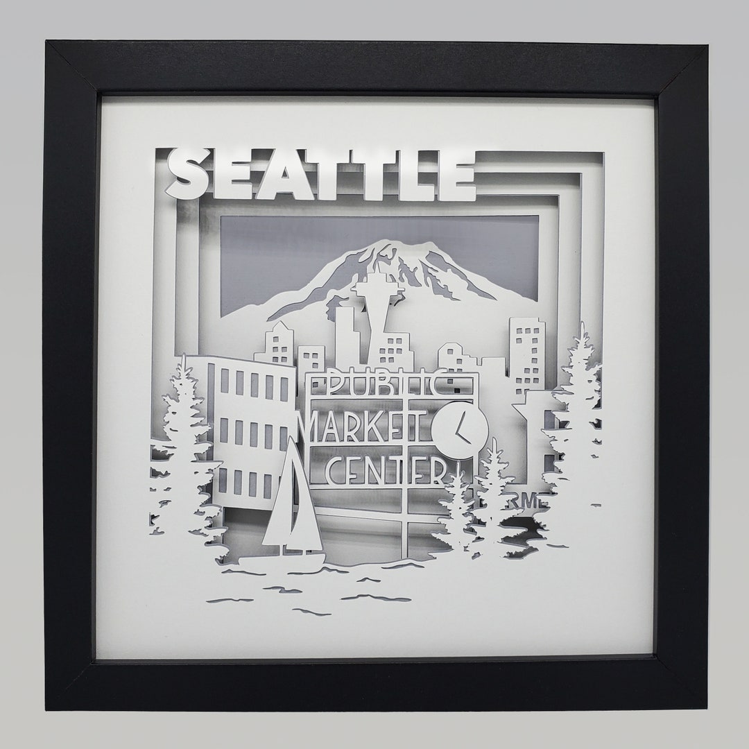 Seattle Cityscape Shadow Box Skyline Art Space Needle Artwork Mount ...