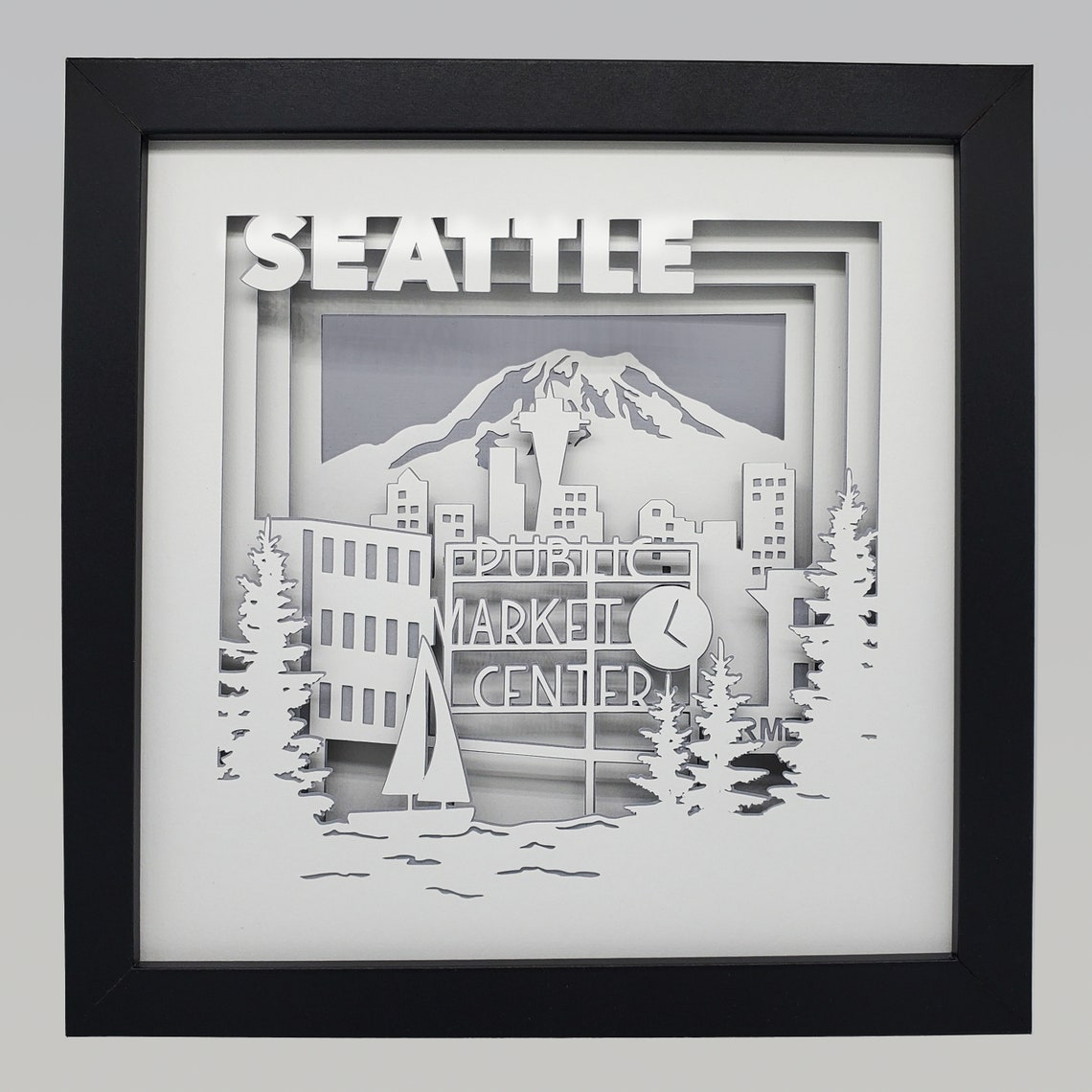Seattle Cityscape Shadow Box Skyline Art Space Needle Artwork Mount ...