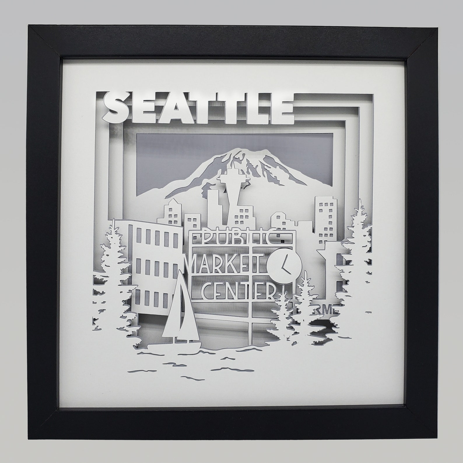 Seattle Cityscape Shadow Box Skyline Art Space Needle Artwork Mount ...