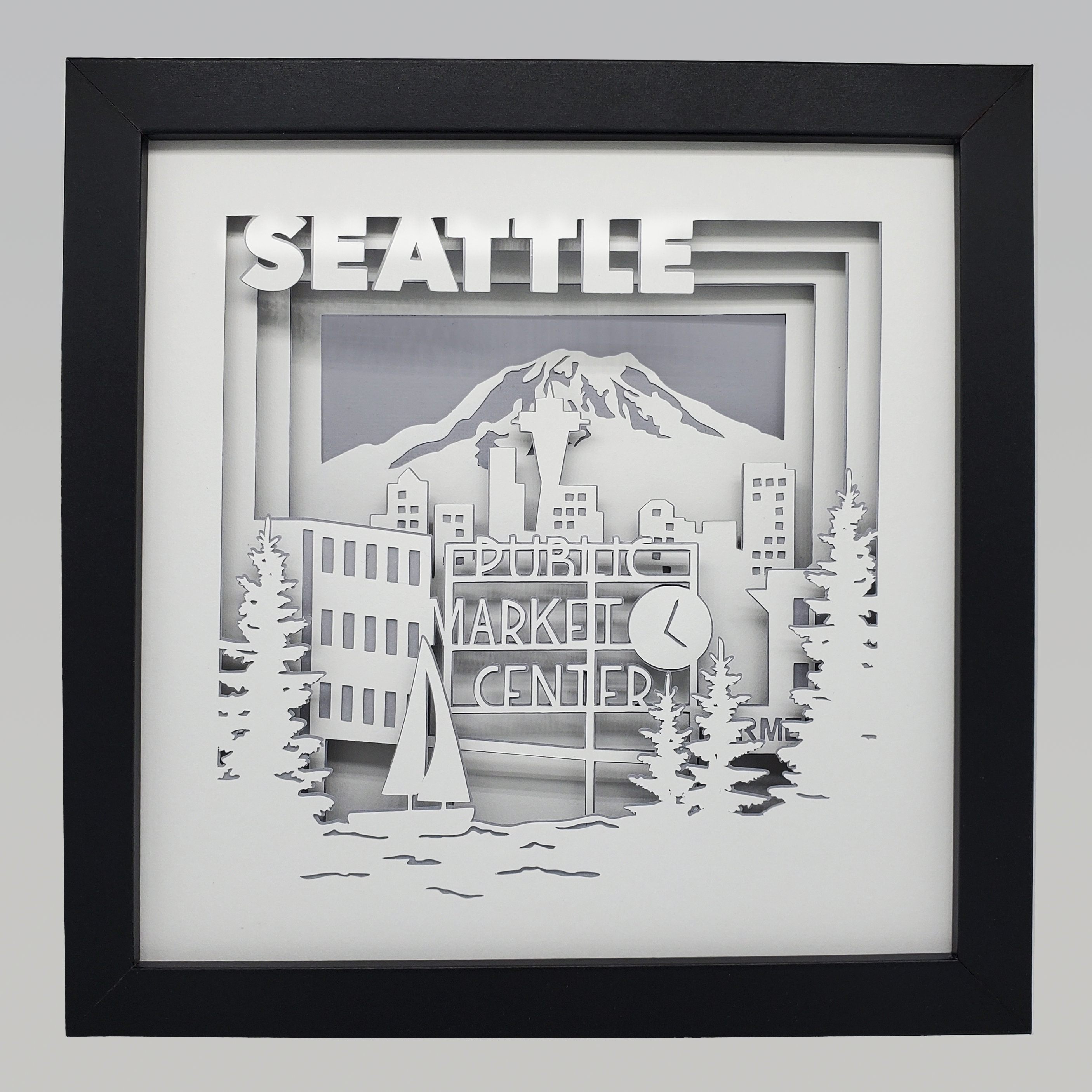 Seattle Cityscape Shadow Box Skyline Art Space Needle Artwork Mount ...