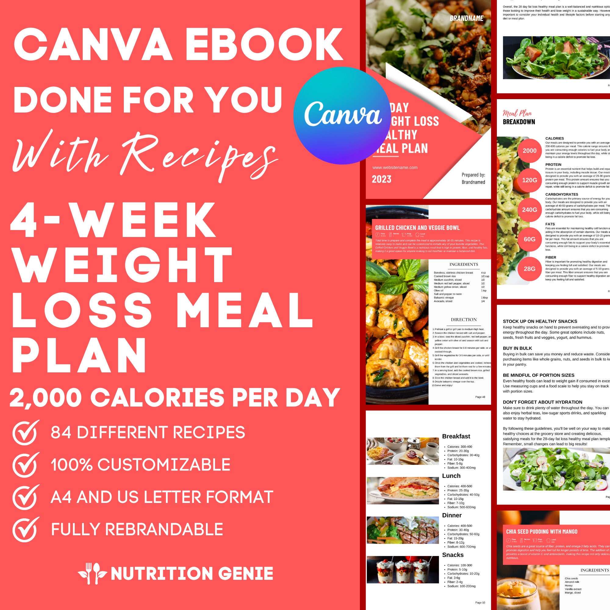 4-week Weight Loss Meal Plan Template, Easy Recipe Cookbook Recipe ...