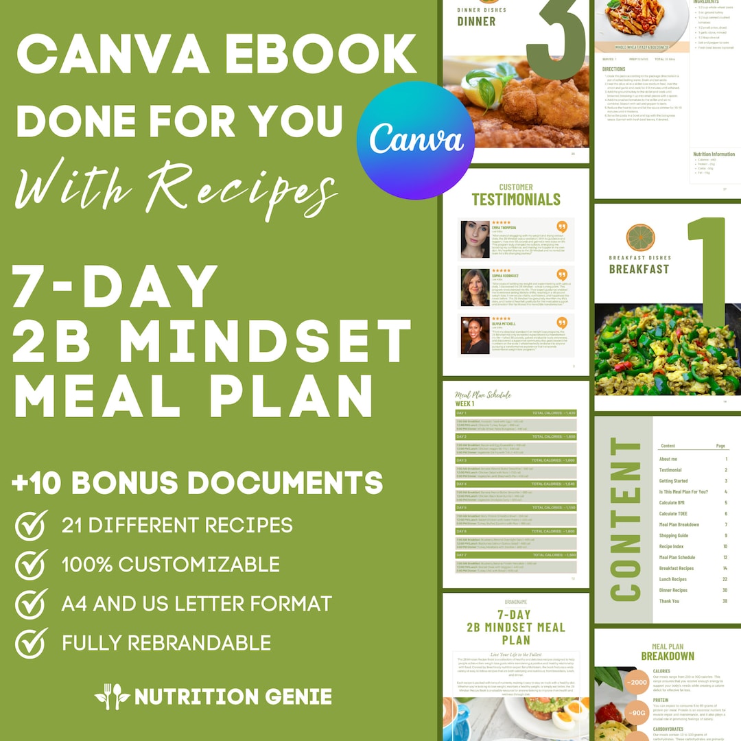 7-day 2B Mindset Meal Plan, Coaching Ebook Canva Template Done for You ...