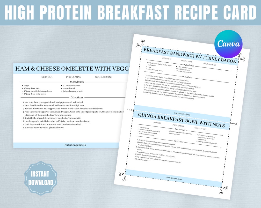 High Protein Breakfast Recipe Cards: Printable Fill-in Template ...
