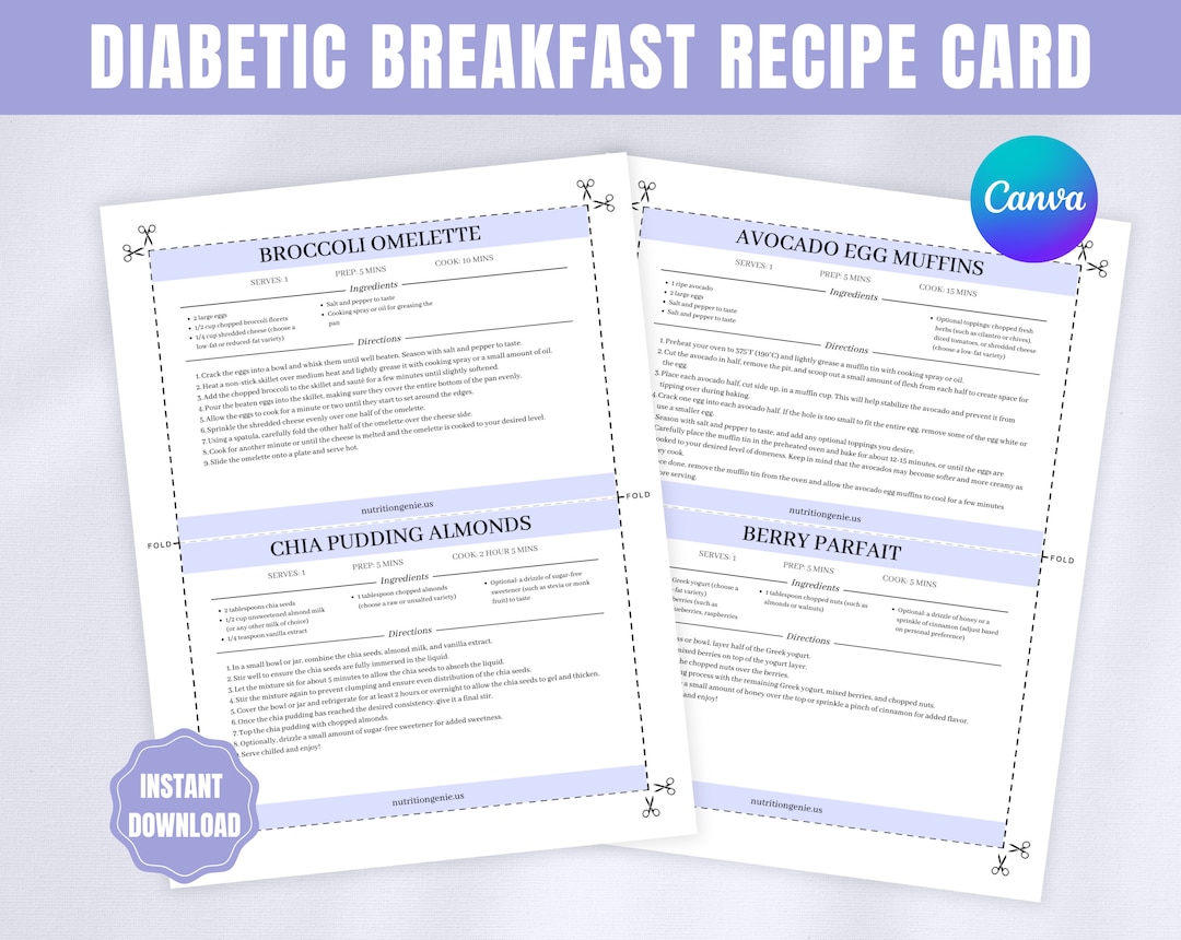 Diabetic Recipe Card Type 2 Diabetes Meals 8.5x11 Recipe Cards ...