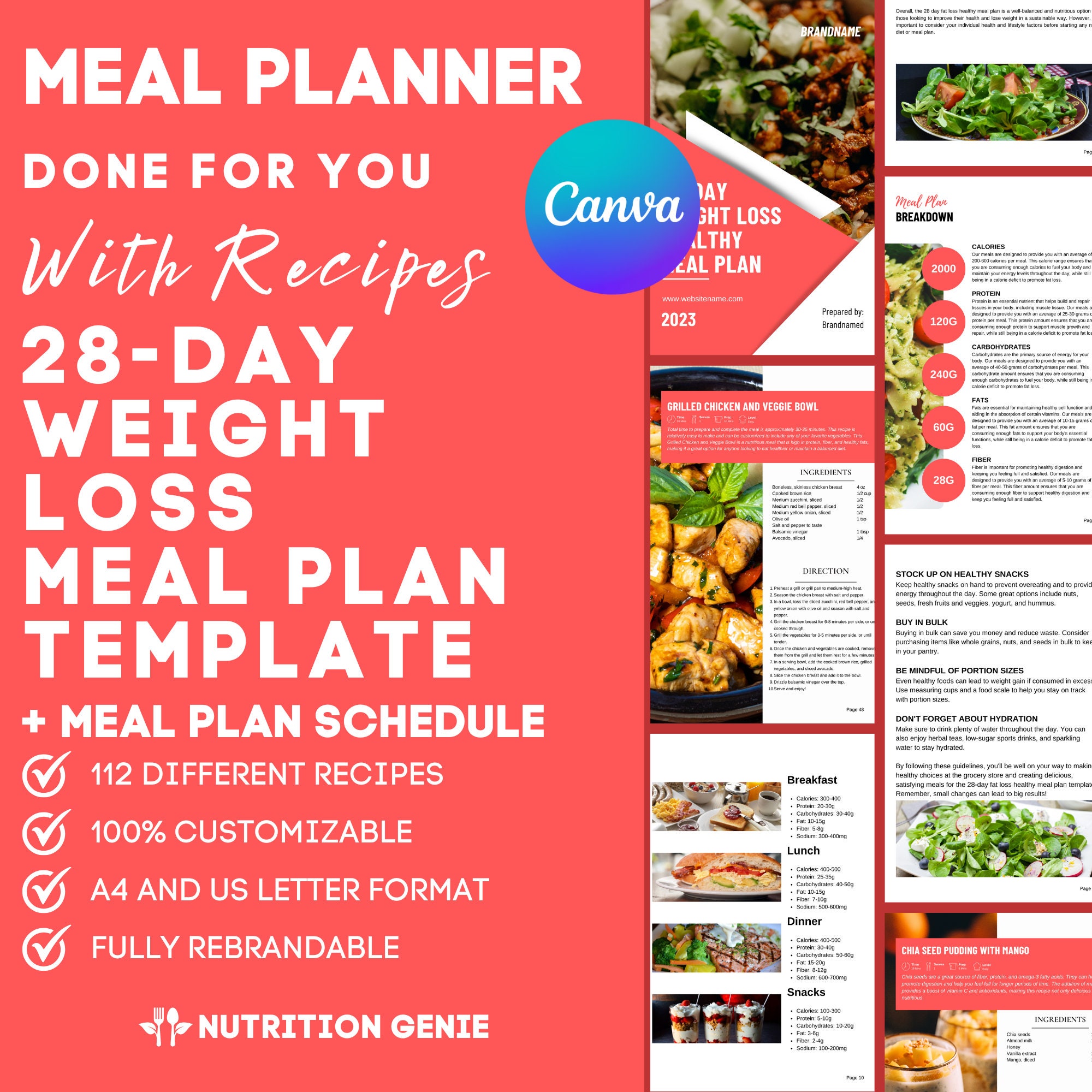 28-day Weight Loss Healthy Meal Plan Template With Recipes 2000 Calorie ...